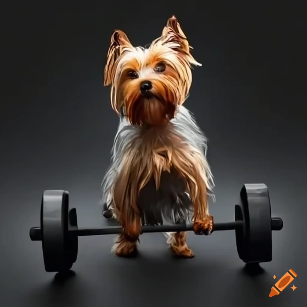 Yorkshire terrier weightlifting in the gym on Craiyon