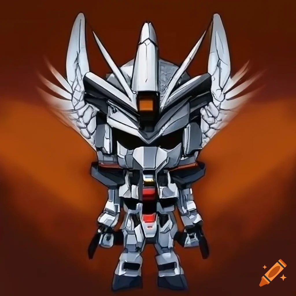 Chibi gundam robot with black, orange, white, and grey colors on Craiyon