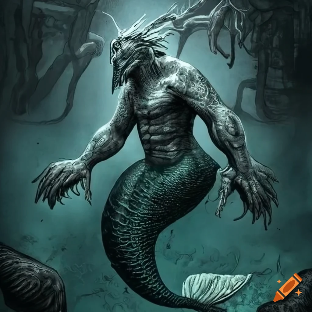 Etched illustration of a prehistoric deep sea merman on Craiyon