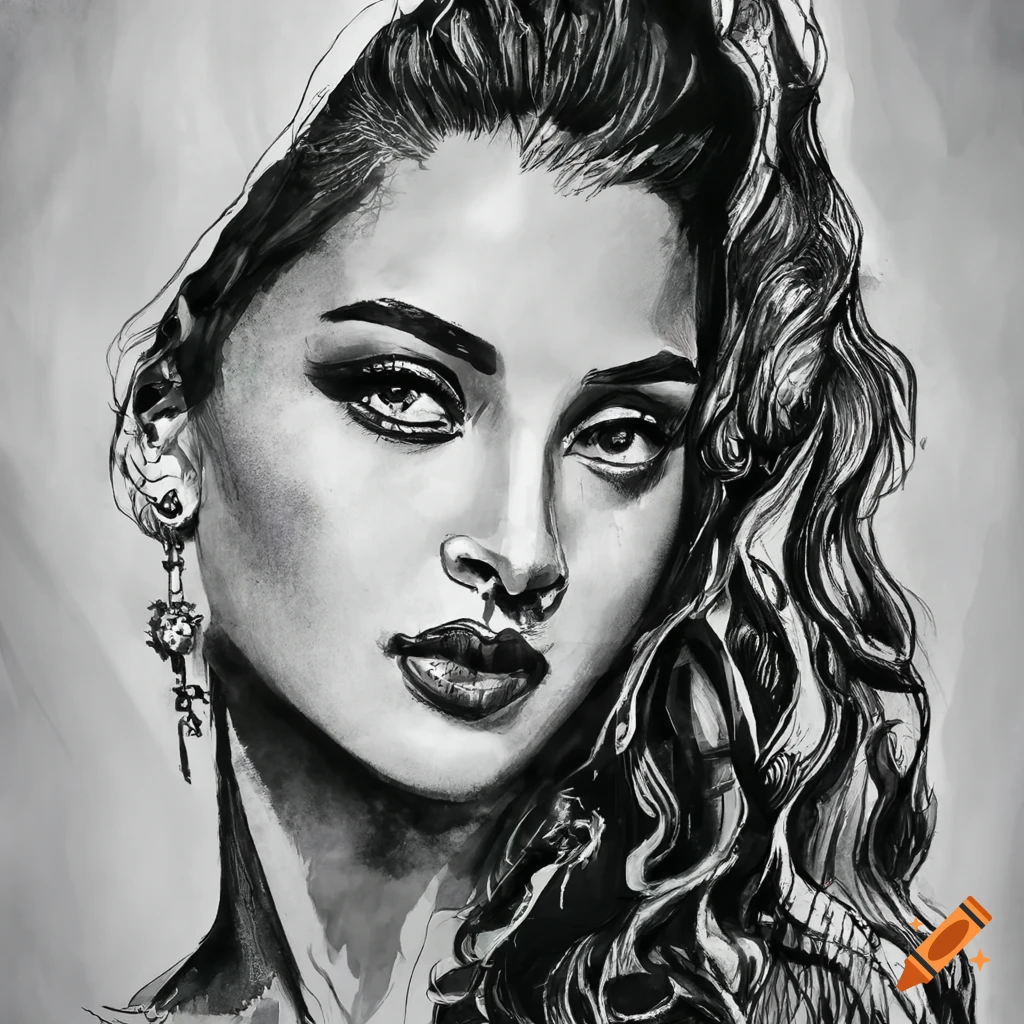 Detailed ink drawing portrait of a goddess with intense gaze on Craiyon