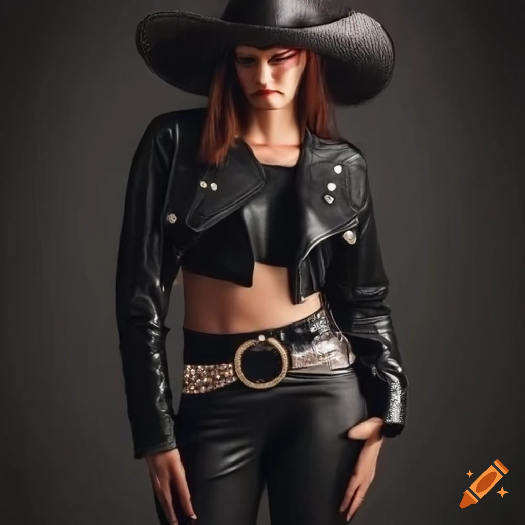 Stylish woman outfit with leather crop jacket and cowboy hat