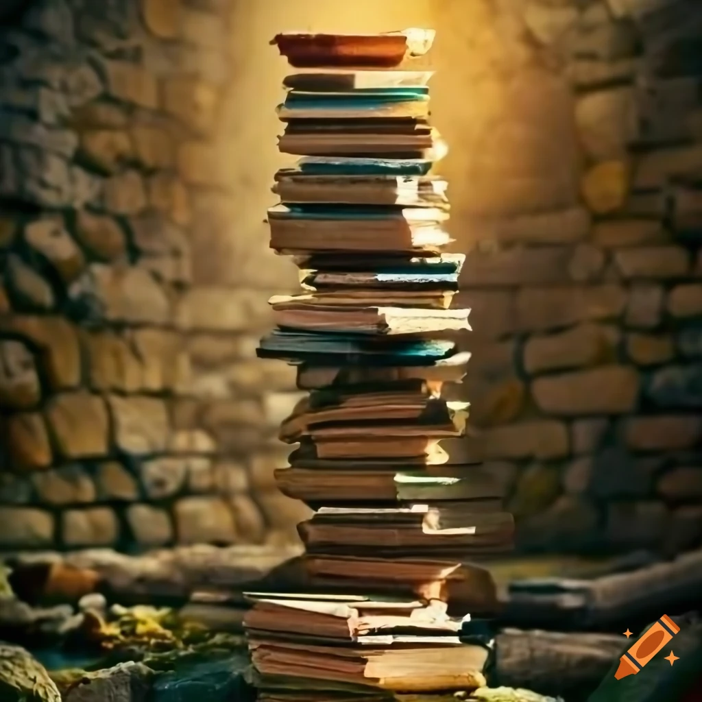 Stack of books in a moss-covered stone cellar on Craiyon