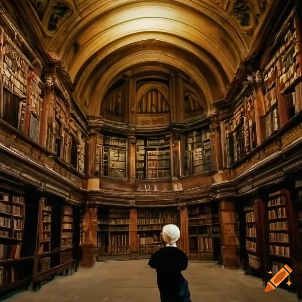 View of a gothic library with a boy in awe on Craiyon