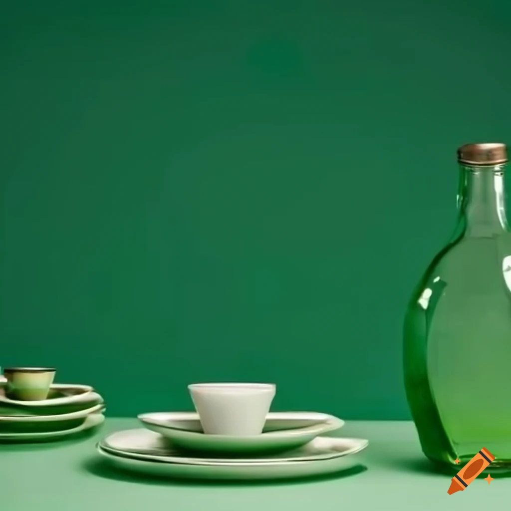 Green still life with bottle, dish, and cups