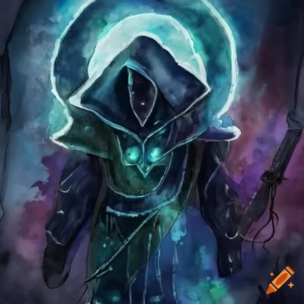 Image of a powerful mage with a cybernetic mask and cloak on Craiyon