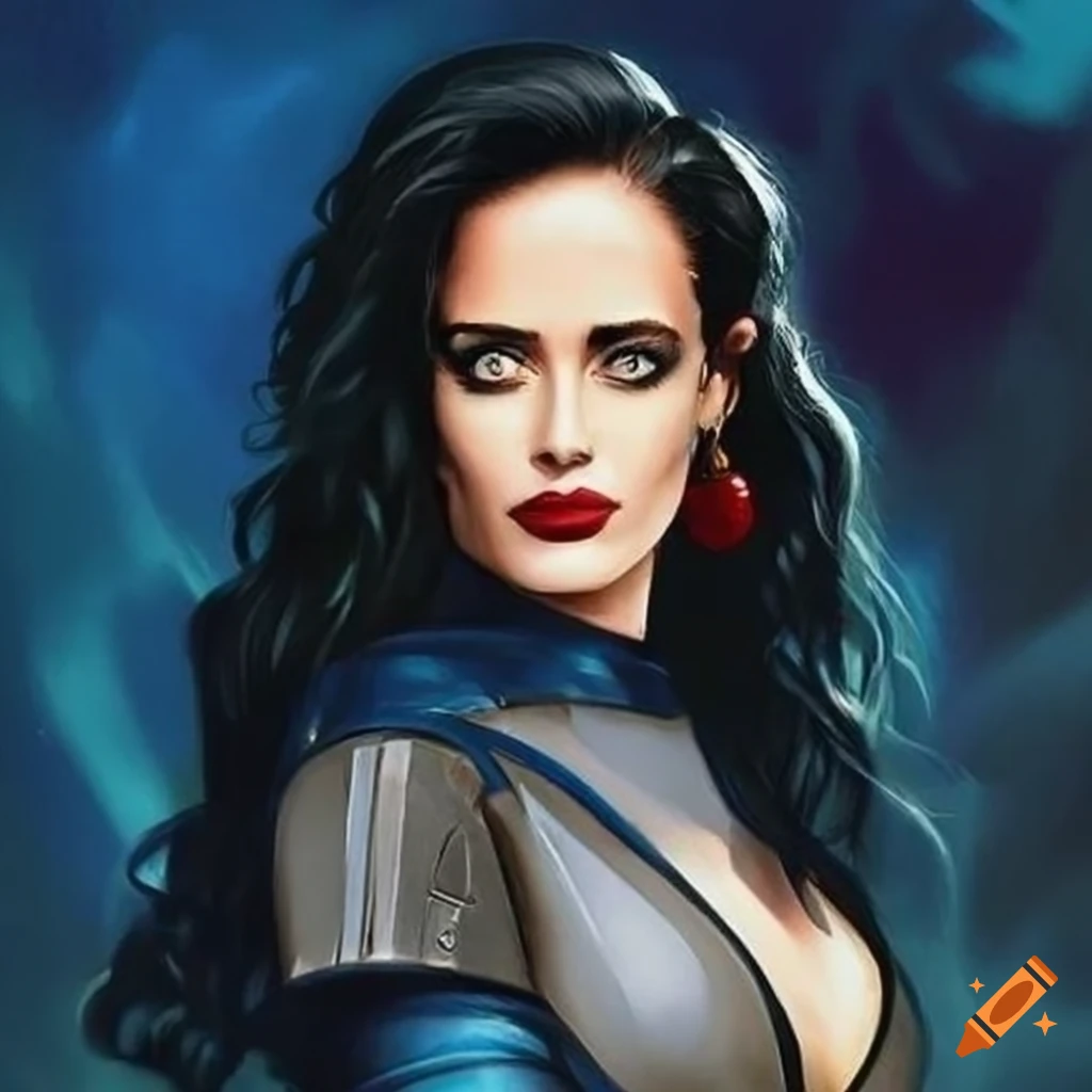 Evil lyn portrayed by eva green in simon bisley art style on Craiyon