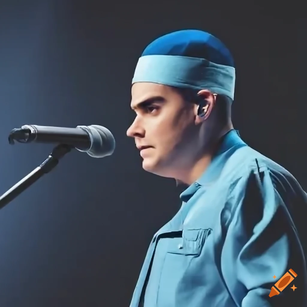 Ben shapiro performing on stage with a blue and white durag