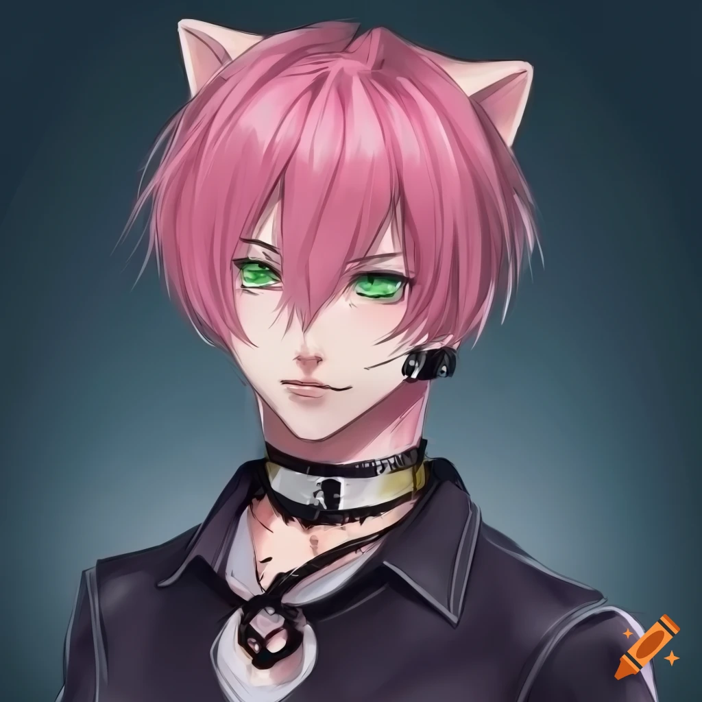 Stylish neko boy with pink hair and green eyes on Craiyon