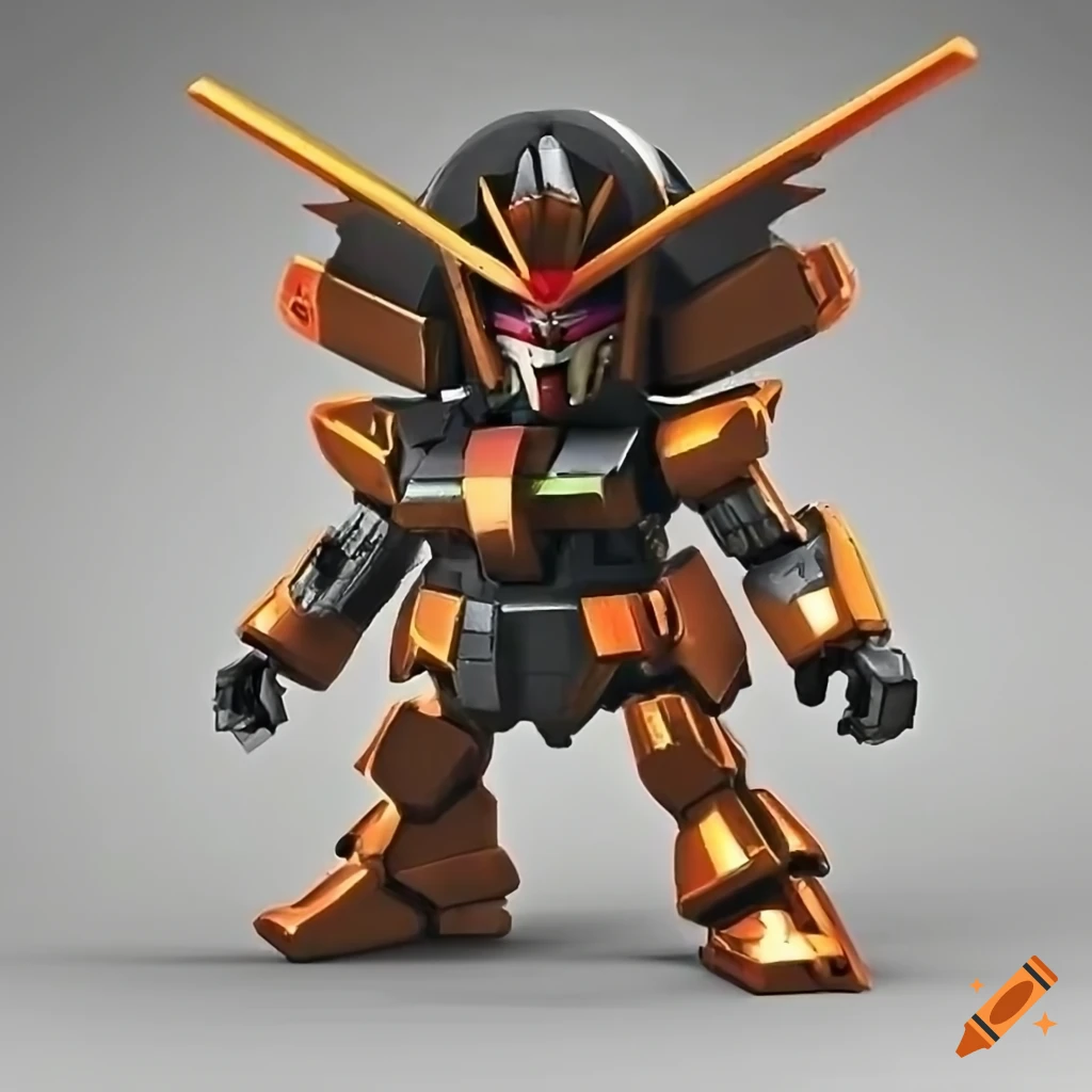 Chibi gundam robot with black, orange, and white armor on Craiyon