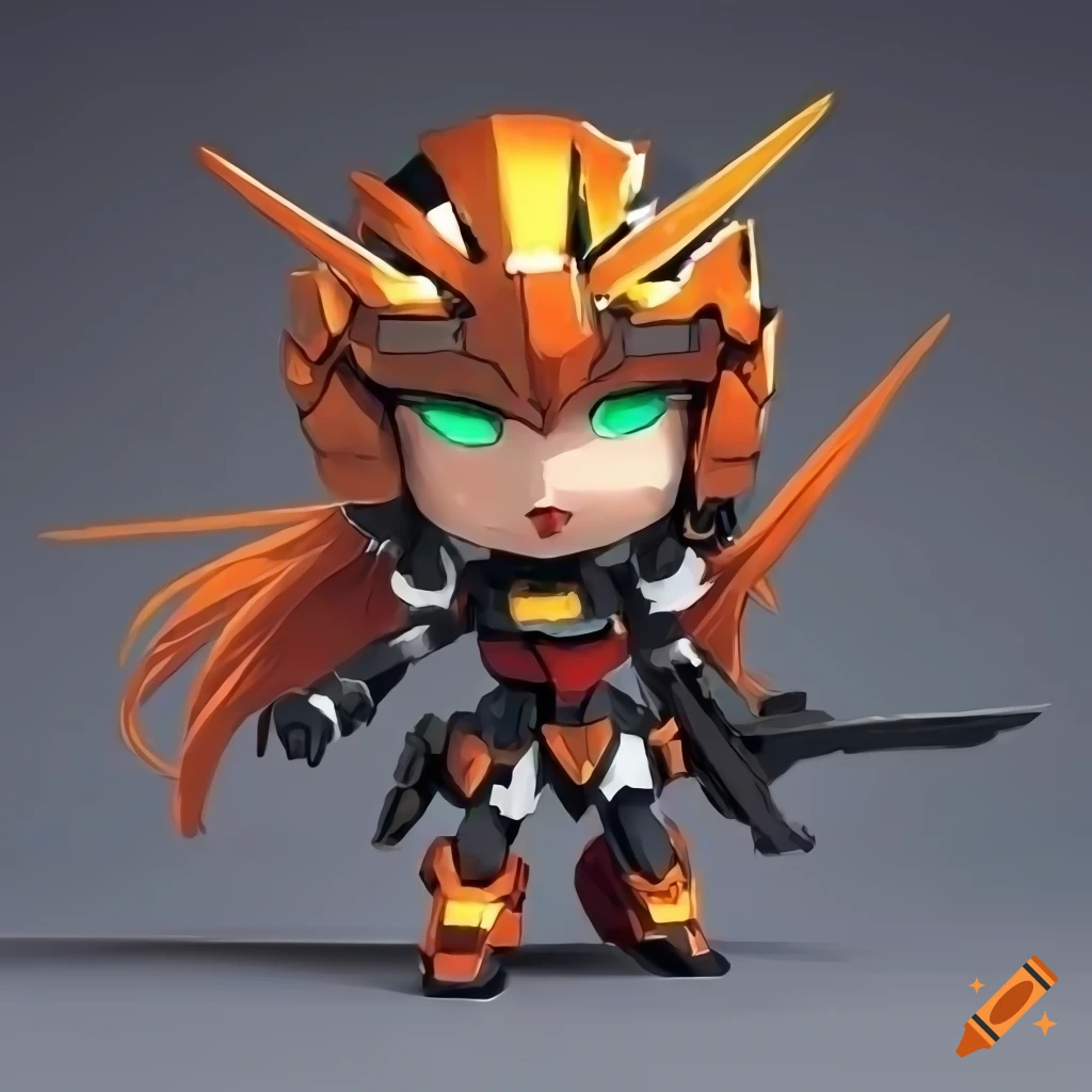 Chibi gundam robot with orange and black metallic armor on Craiyon