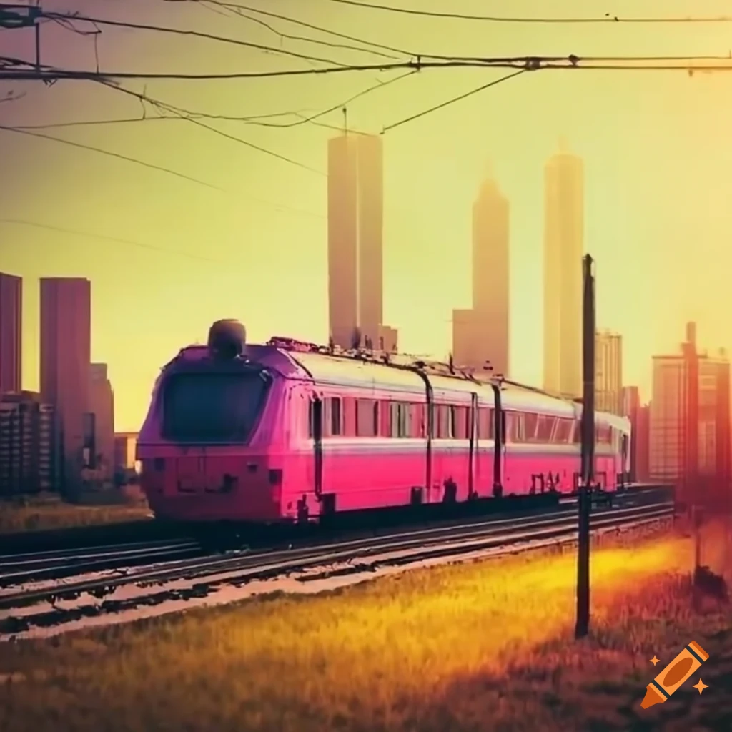 Morning sun light shining on a pink train with city in the background