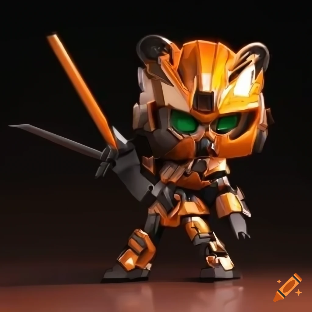 Chibi gundam robot with black and orange metallic armor