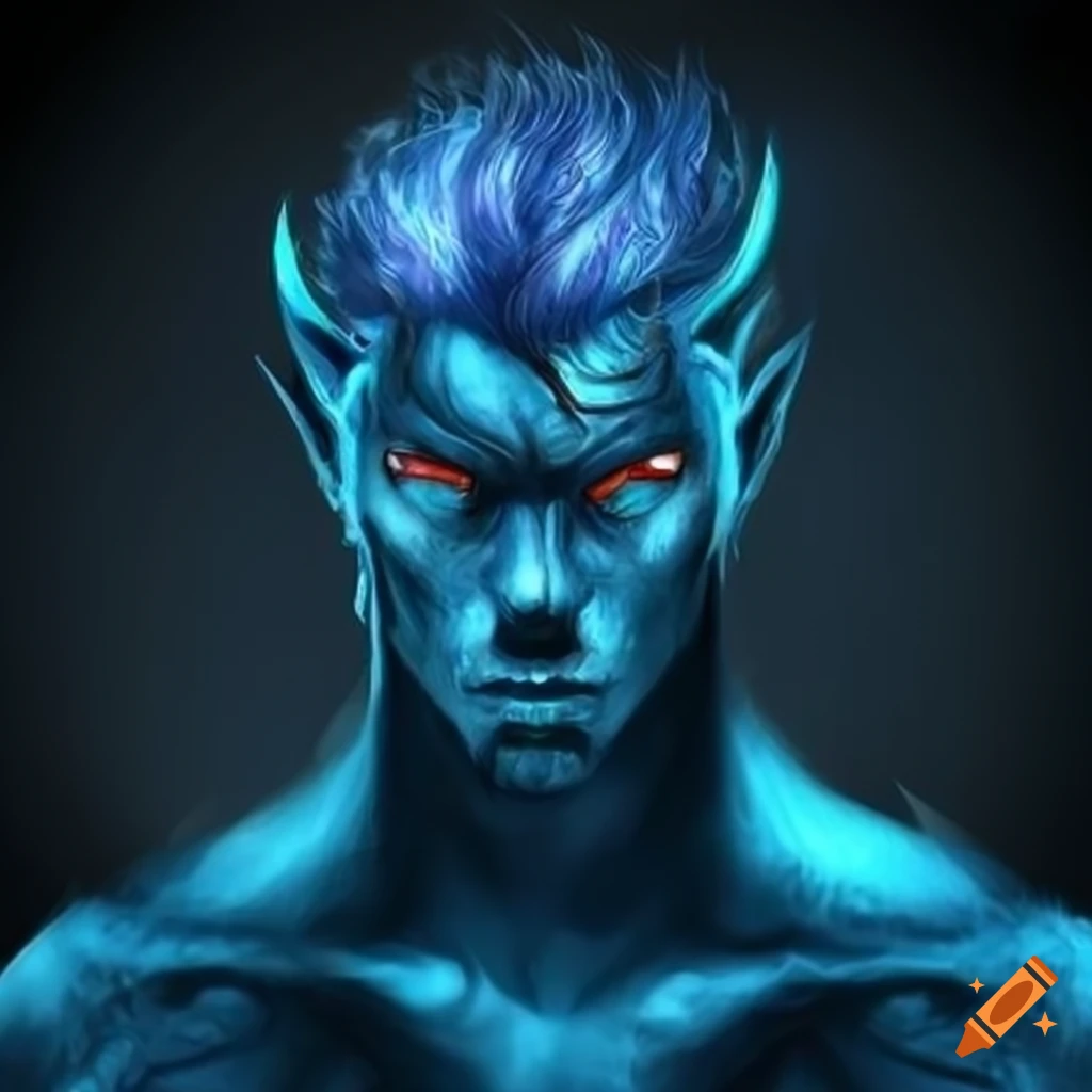 Artwork of a blue devil with black eyes on Craiyon