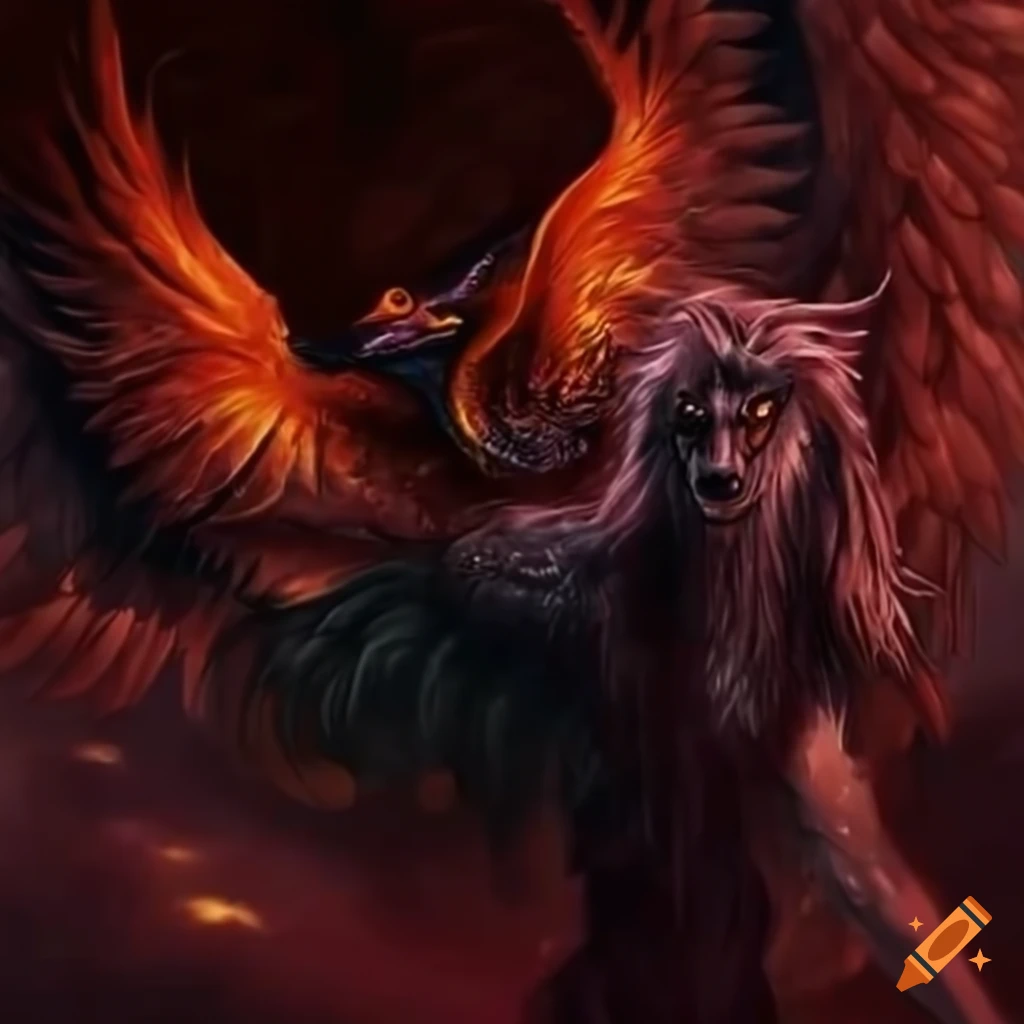 Powerful vampire wolf protecting a dark phoenix bird