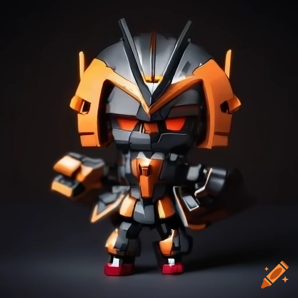 Chibi black and orange gundam robot with tanuki armor on Craiyon