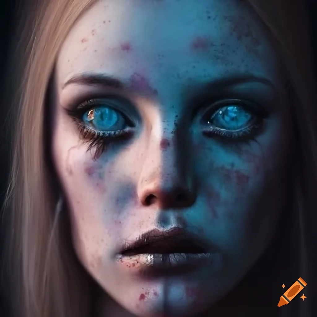 Dark-haired woman with glowing blue eyes and an evil smile in a spooky ...