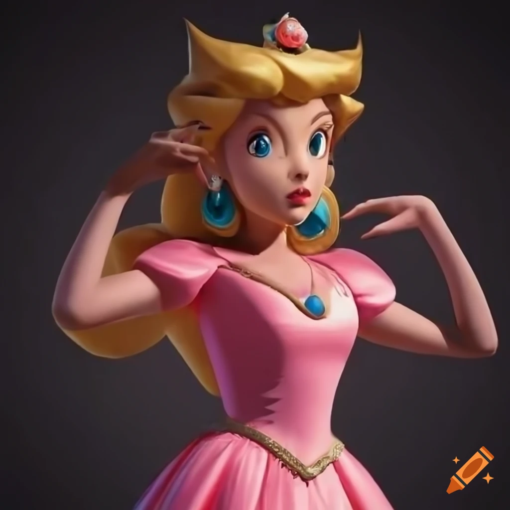 Link cosplaying as Princess Peach in a stunning gown on Craiyon