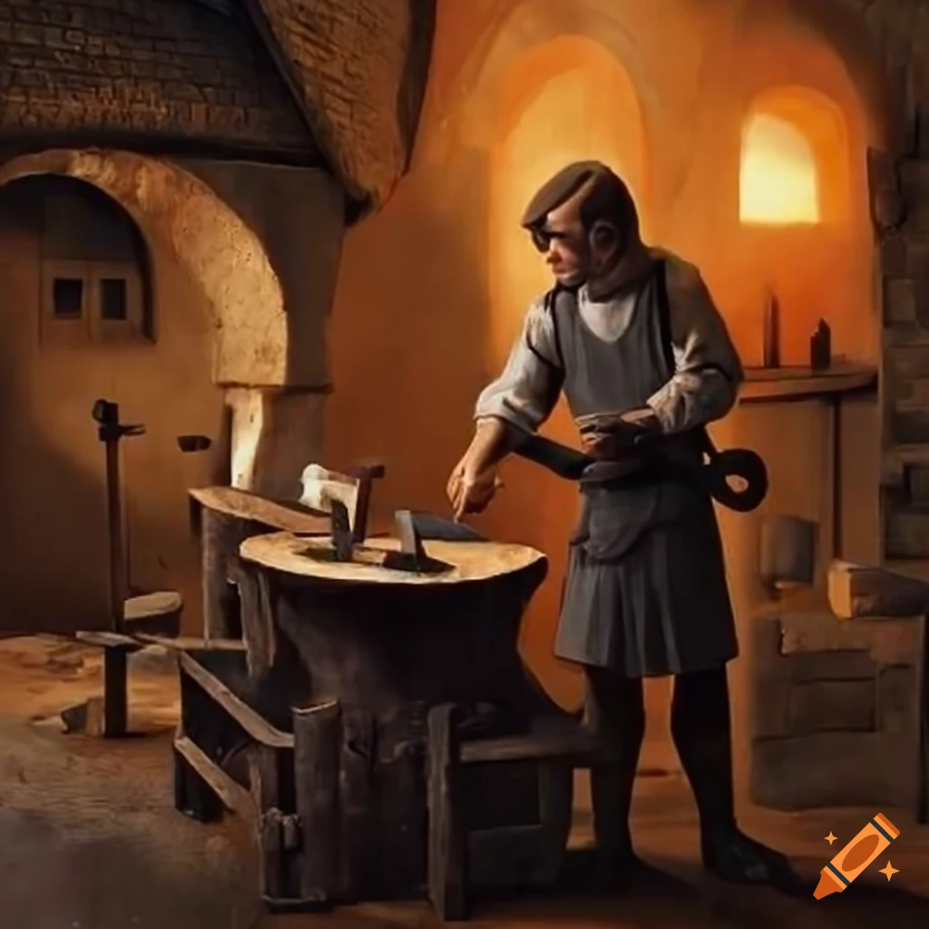 Image of medieval apprentices in a blacksmith shop on Craiyon
