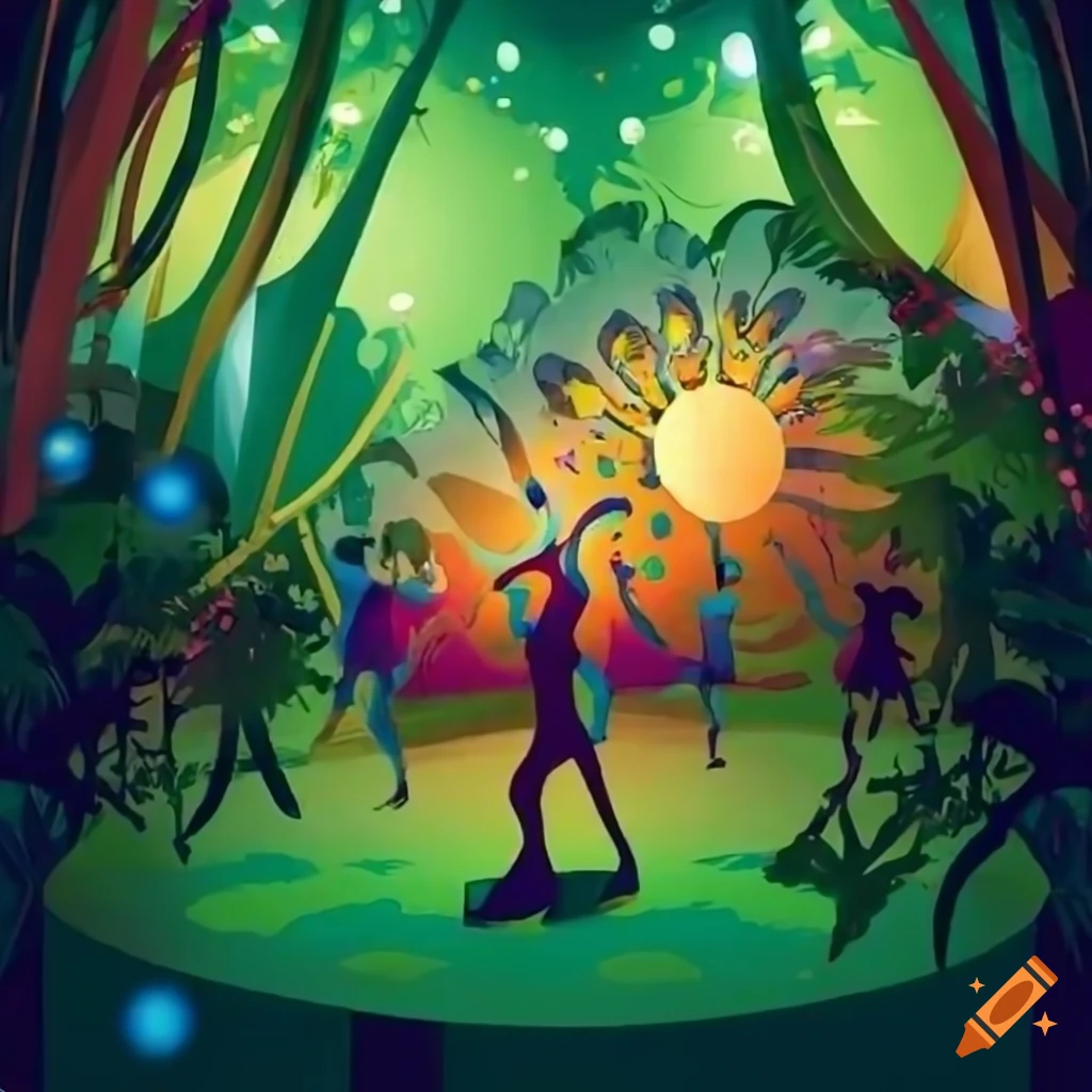 Jungle landscape with people dancing on Craiyon