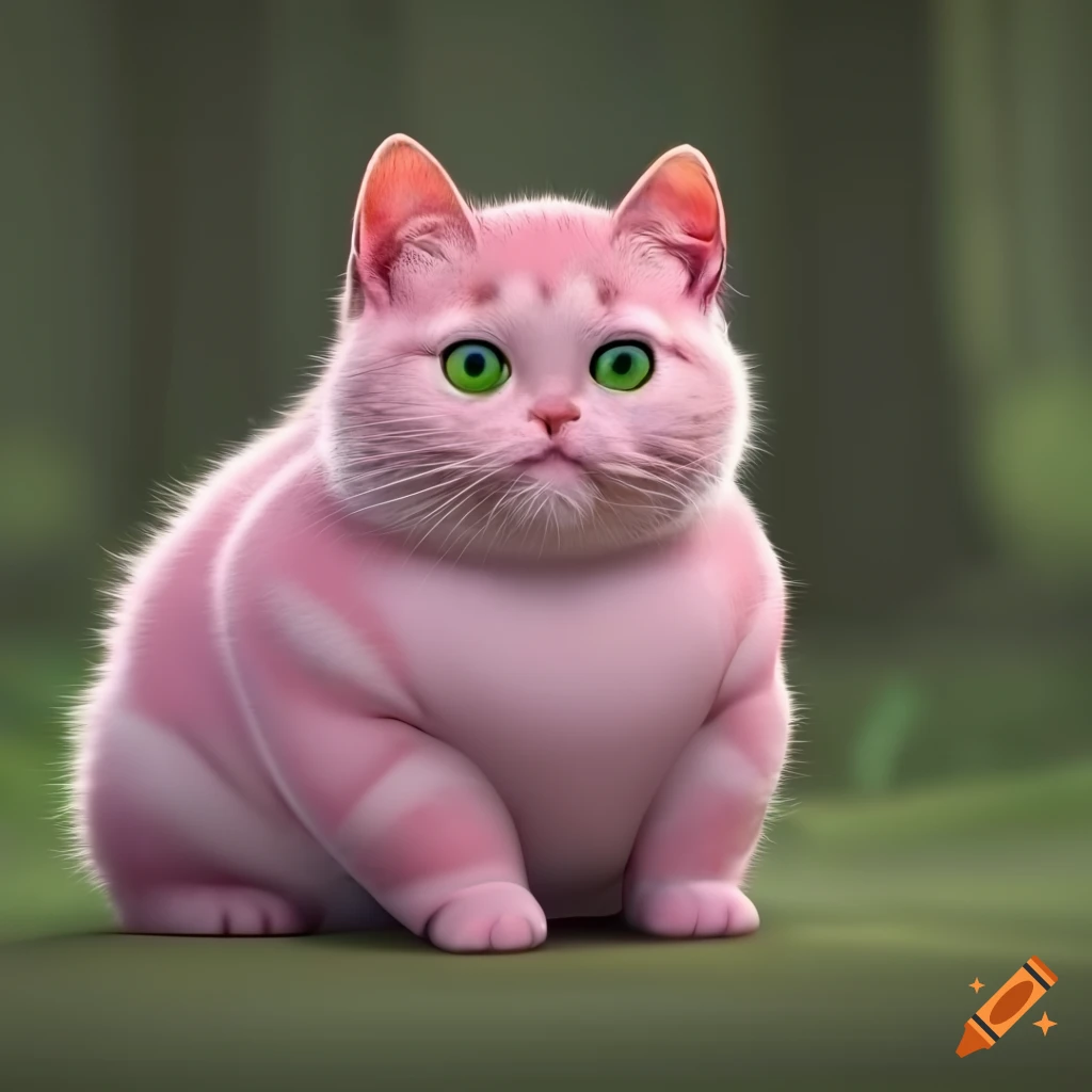 3D render of a chubby pink kitten in the forest on Craiyon