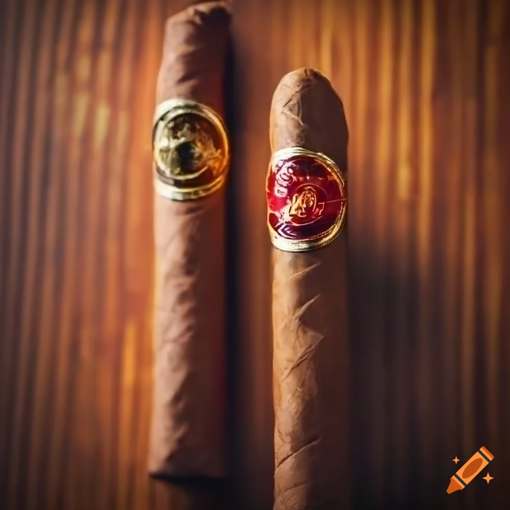 Luxury cigars with gold bands on a hardwood countertop on Craiyon