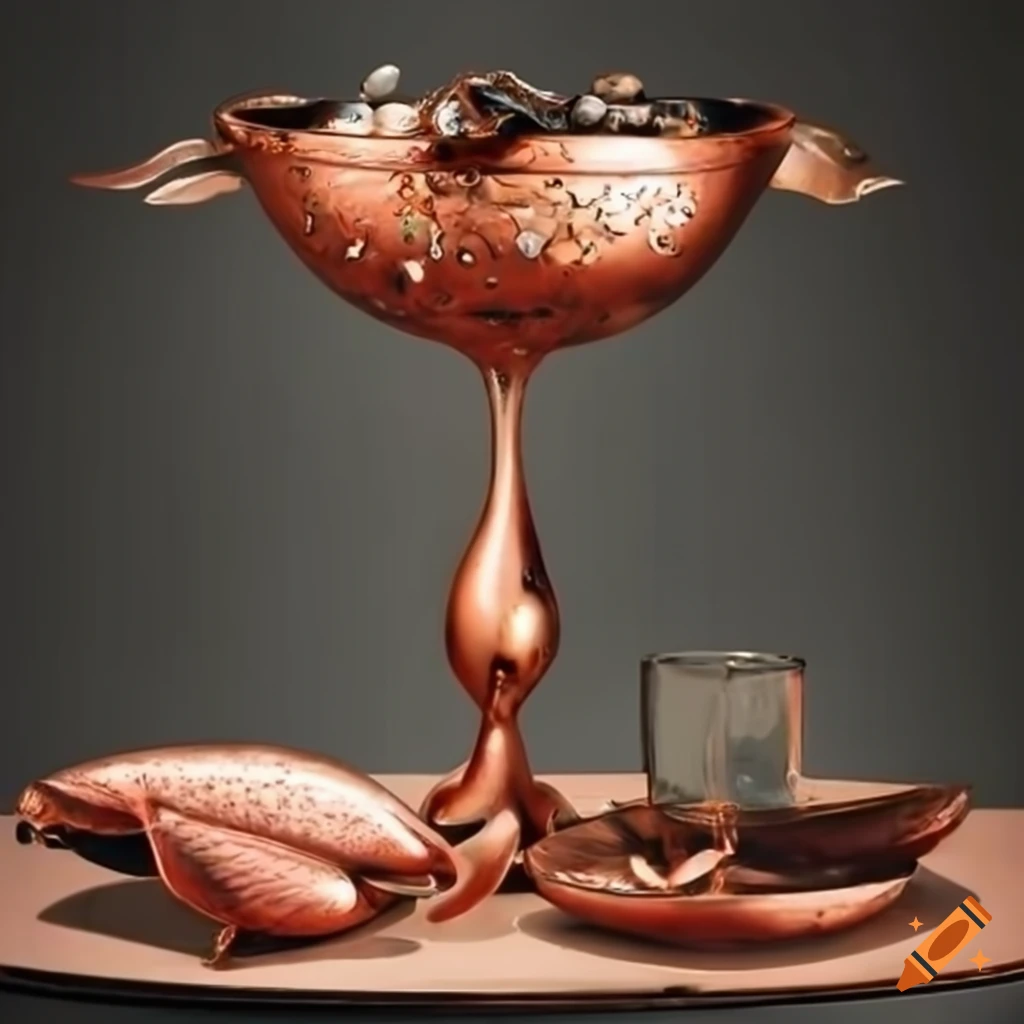 Surrealist pastries on a table with fish in wine glasses on Craiyon