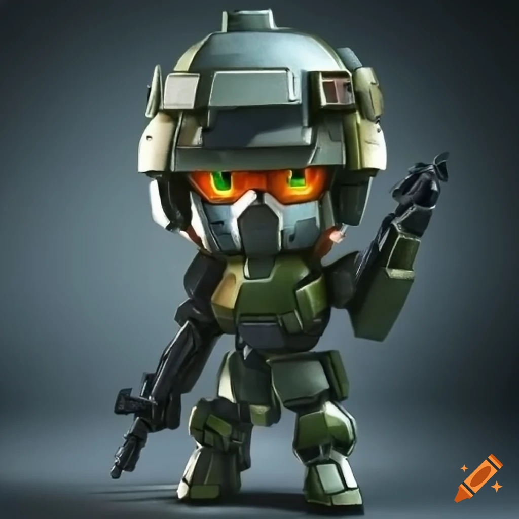Metallic chibi robot in marine combat soldier armor