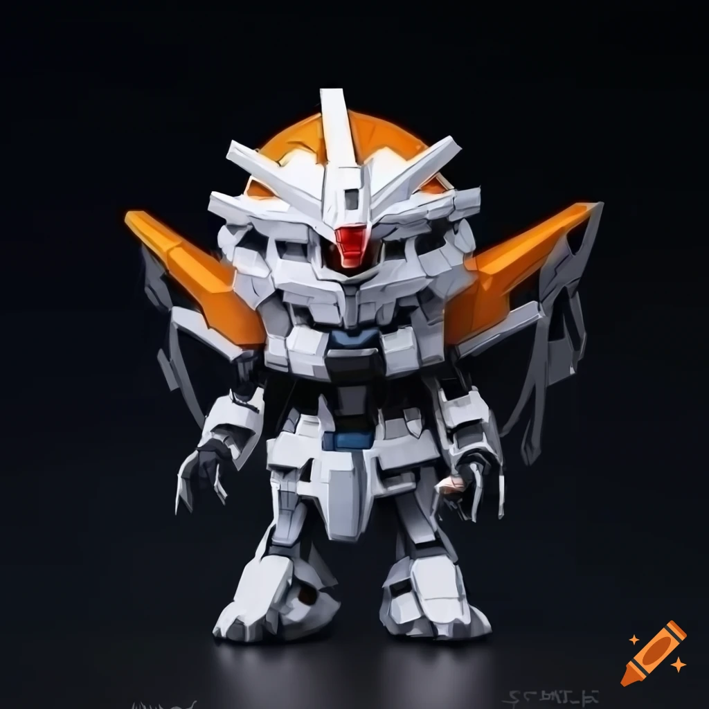 Chibi gundam robot in black and orange armor