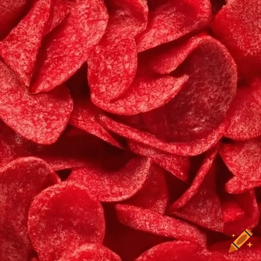 Red crunchy chips next to a chip-bag of cherry flavor on Craiyon