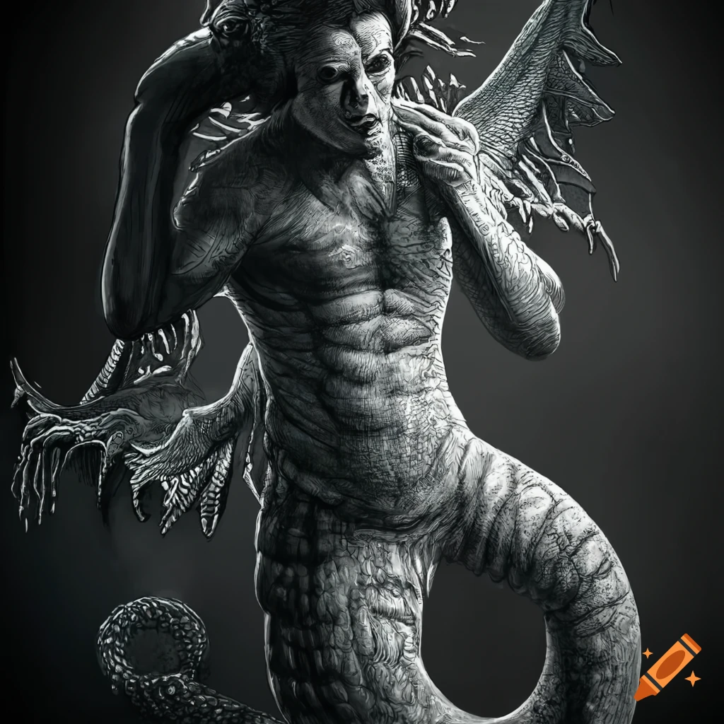 Detailed etching of a lovecraftian merman monster on Craiyon