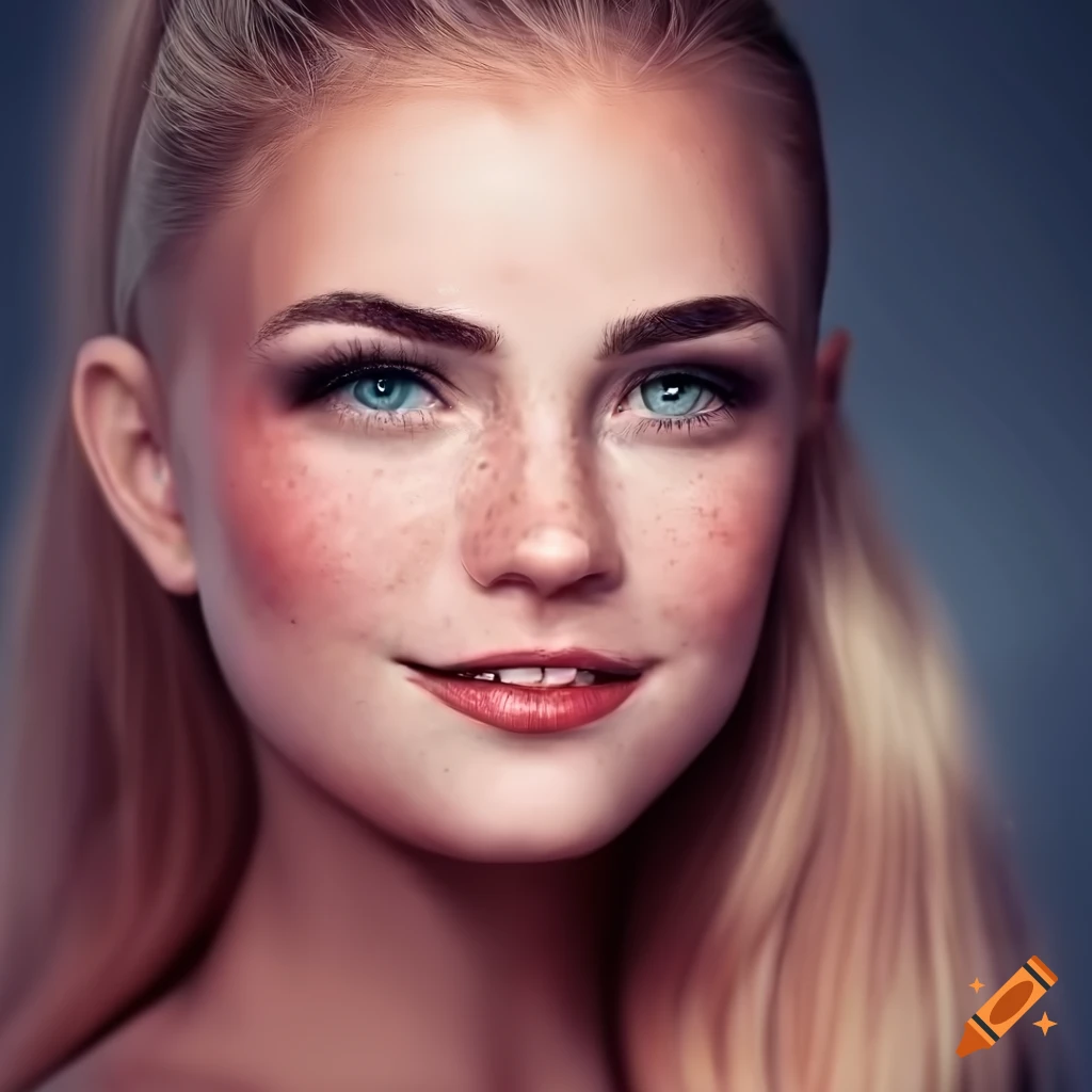 Portrait of a beautiful young woman with freckles and blonde hair on Craiyon