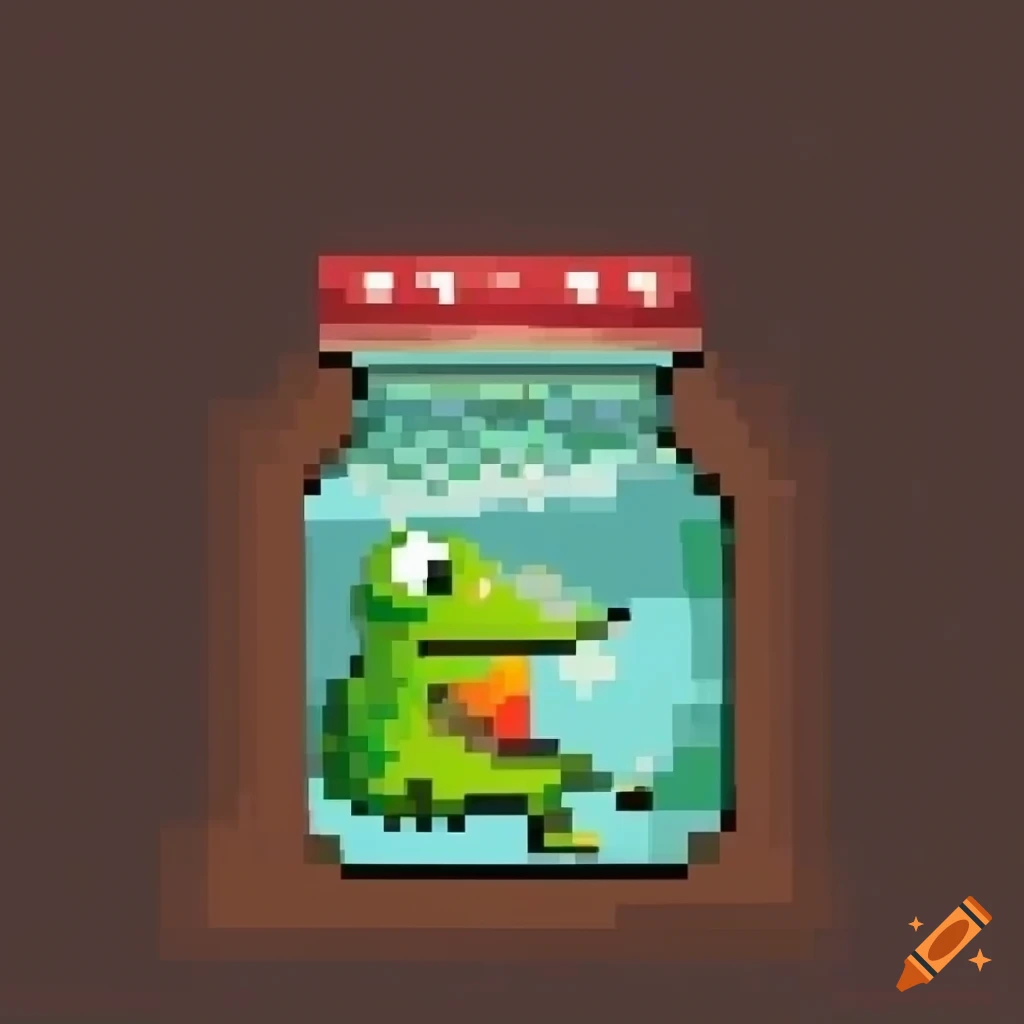 Pixel art of a frog in a jar on Craiyon