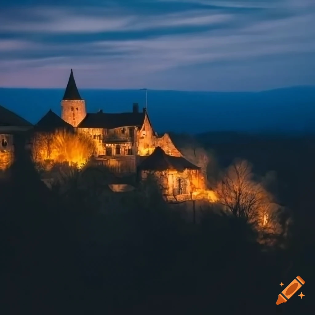 Serene view of a medieval village at dusk on Craiyon