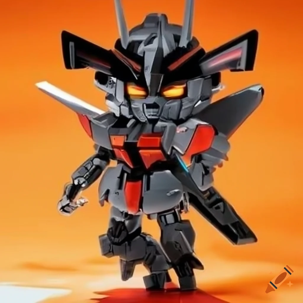 Chibi gundam robot with black, orange, and white armor on Craiyon