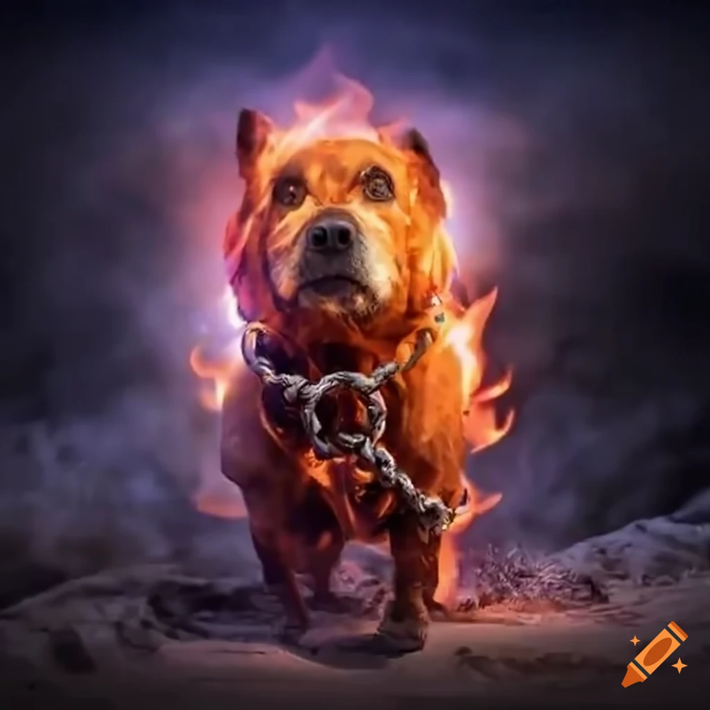 Fantasy artwork of a fiery dog entering a portal on Craiyon