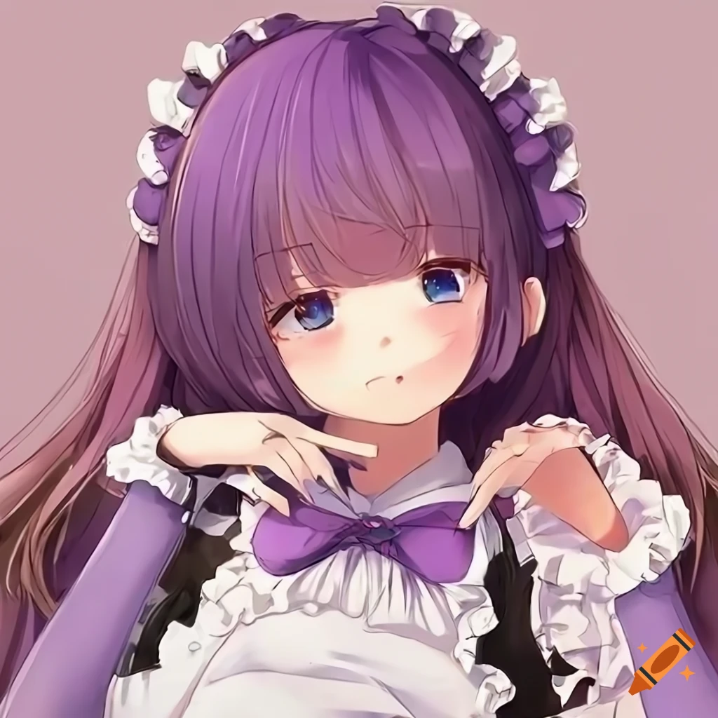 Purple-brown haired anime girl in a maid outfit at a cafe