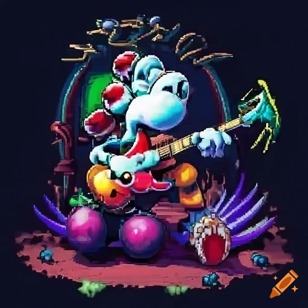 Yoshi playing metalcore music in a metalhead style on Craiyon