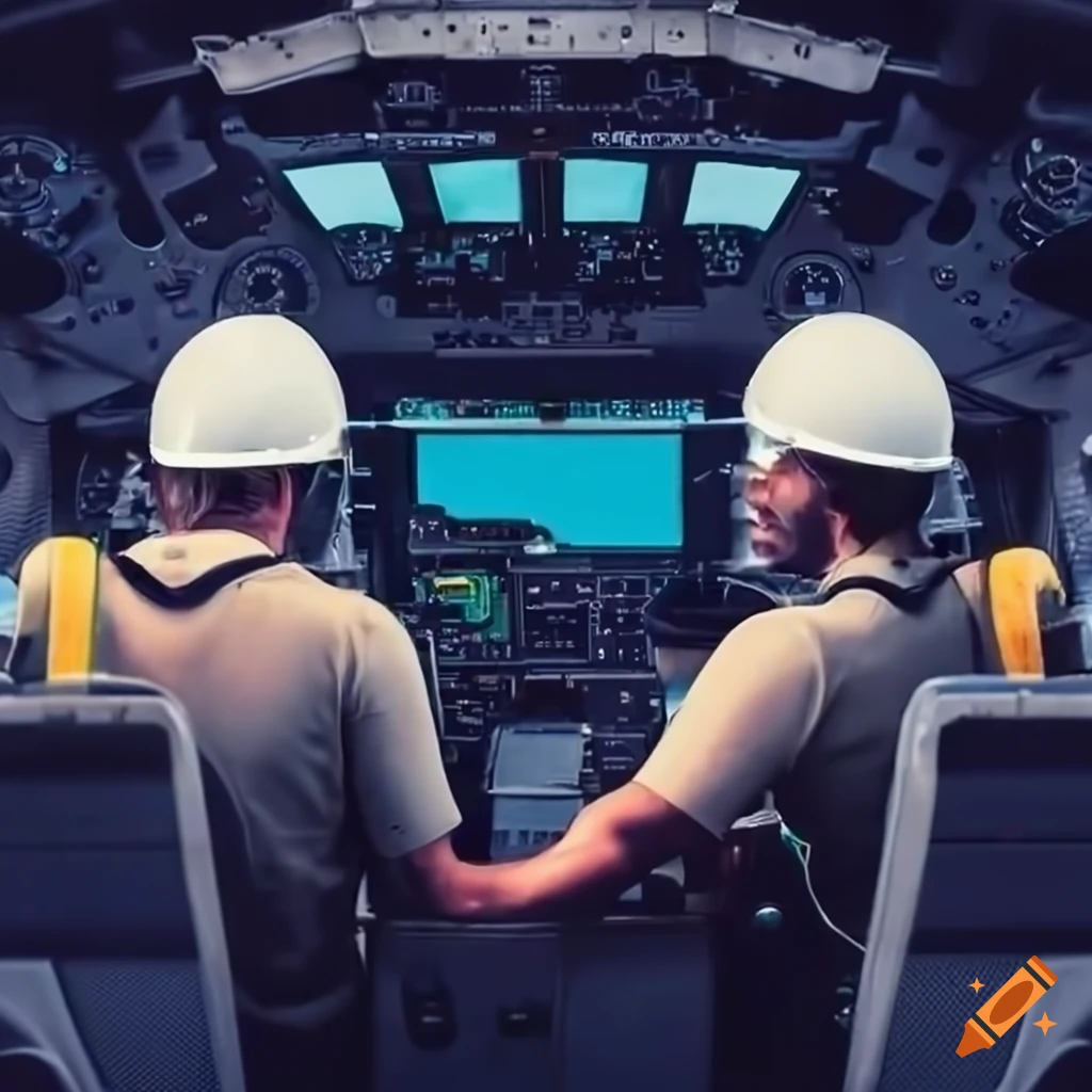 Front view of an airplane cockpit with a robot as copilot on Craiyon