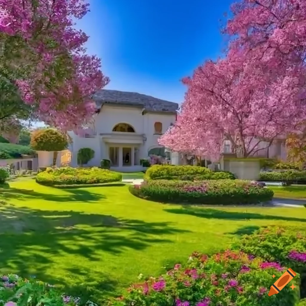 Luxurious California mansion surrounded by cherry blossom trees on Craiyon