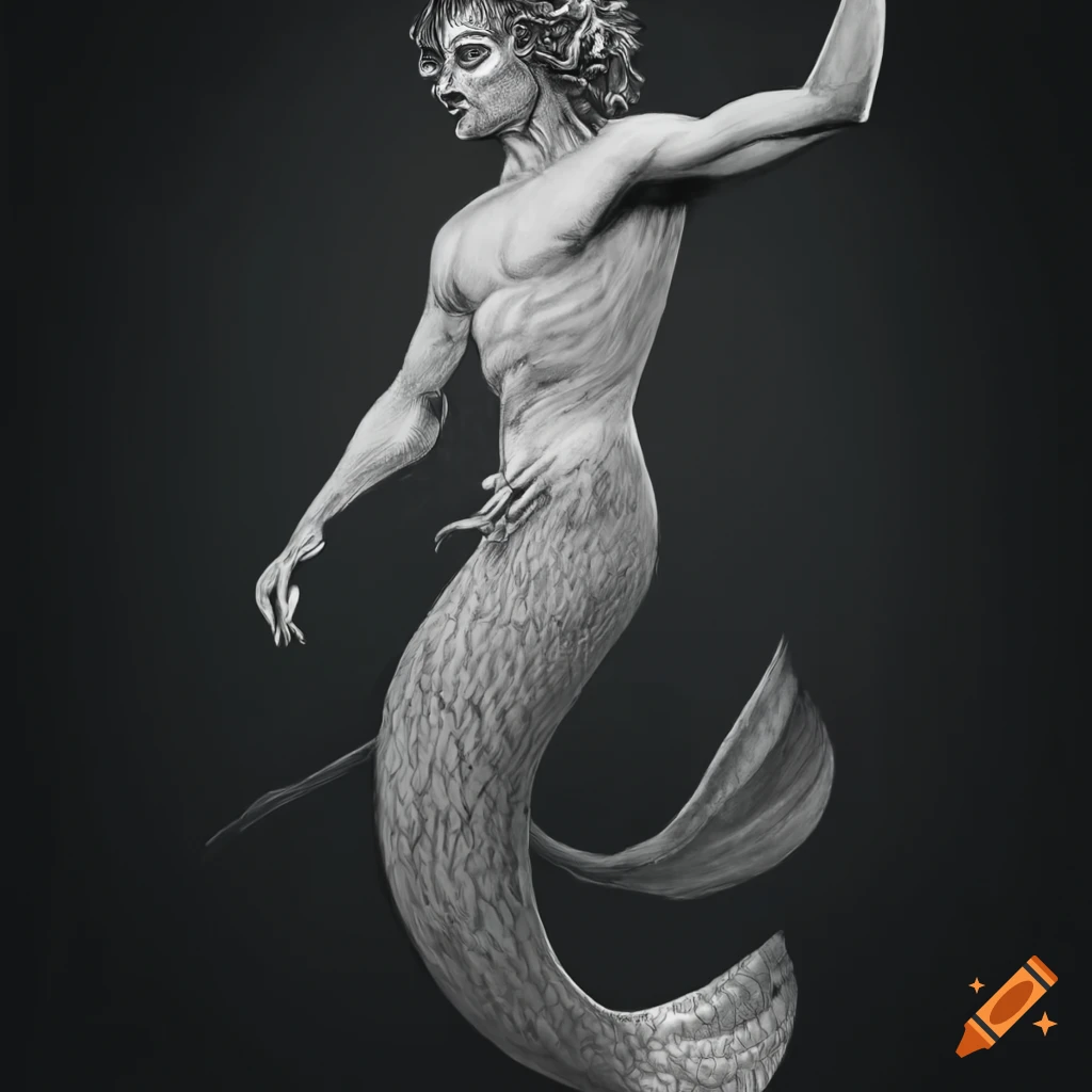 Detailed black and white etching of a lovecraftian merman on Craiyon