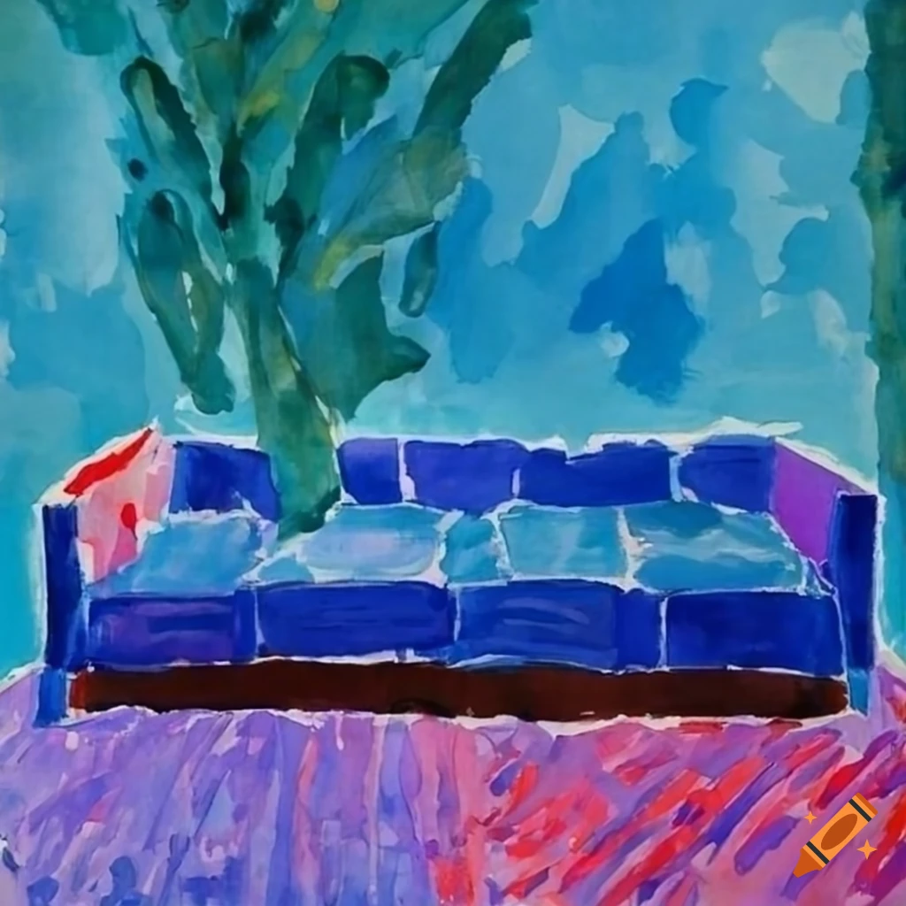 Interior design featuring a long sofa and watercolor artworks on Craiyon