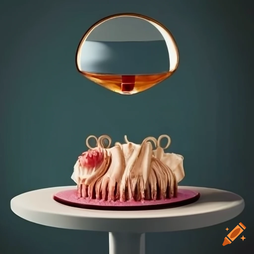 Surrealist pastries and wine glasses on a table on Craiyon