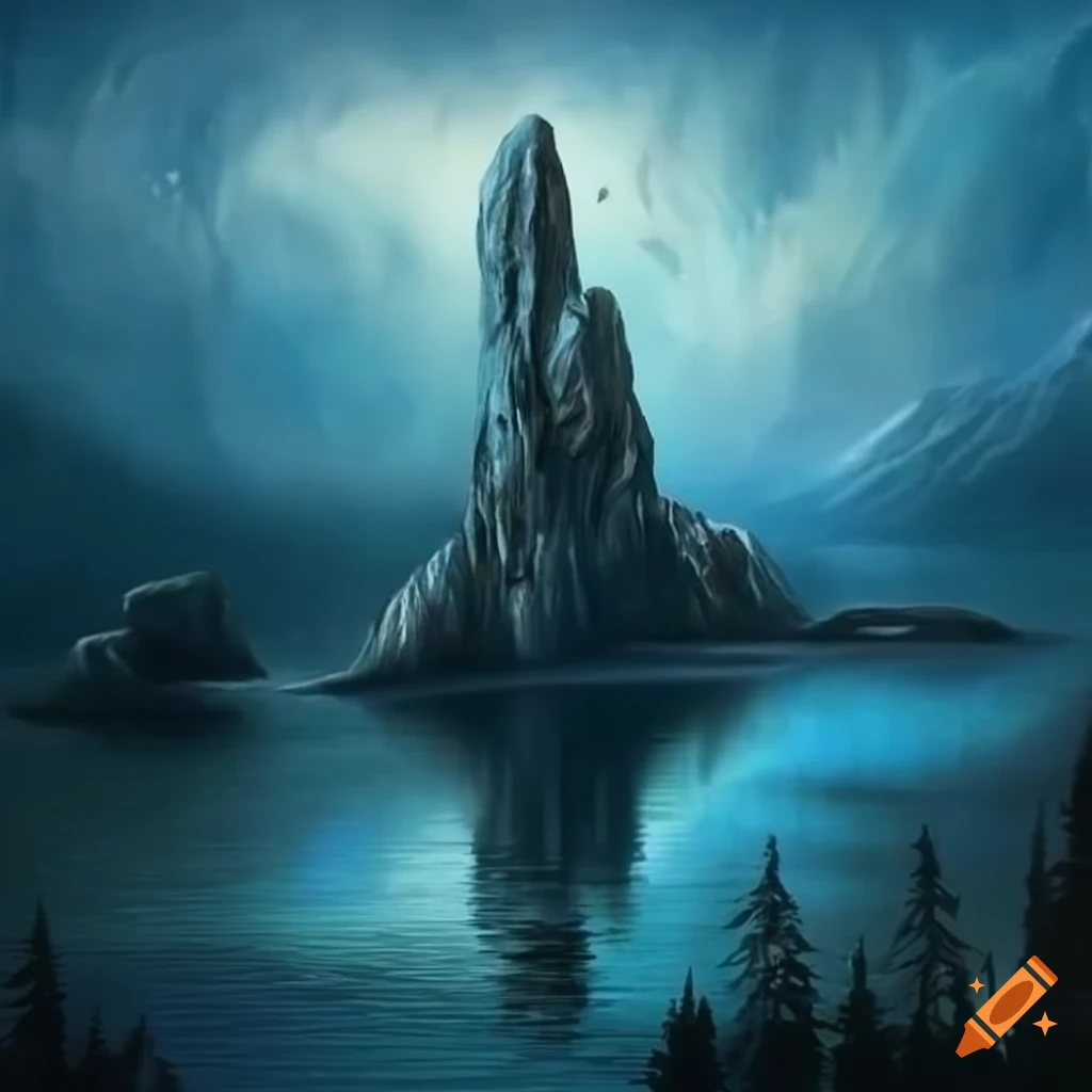 Fantasy painting of silver rocks in a lake
