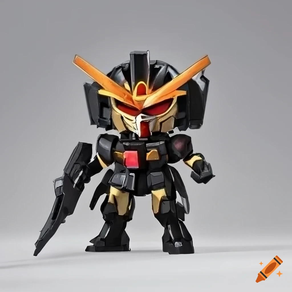 Chibi gundam robot in black and orange armor on Craiyon