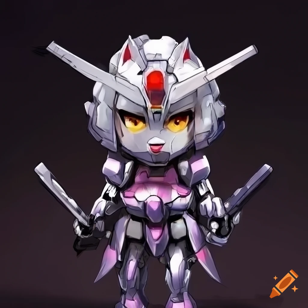 Metallic chibi gundam robot with fox-themed armor
