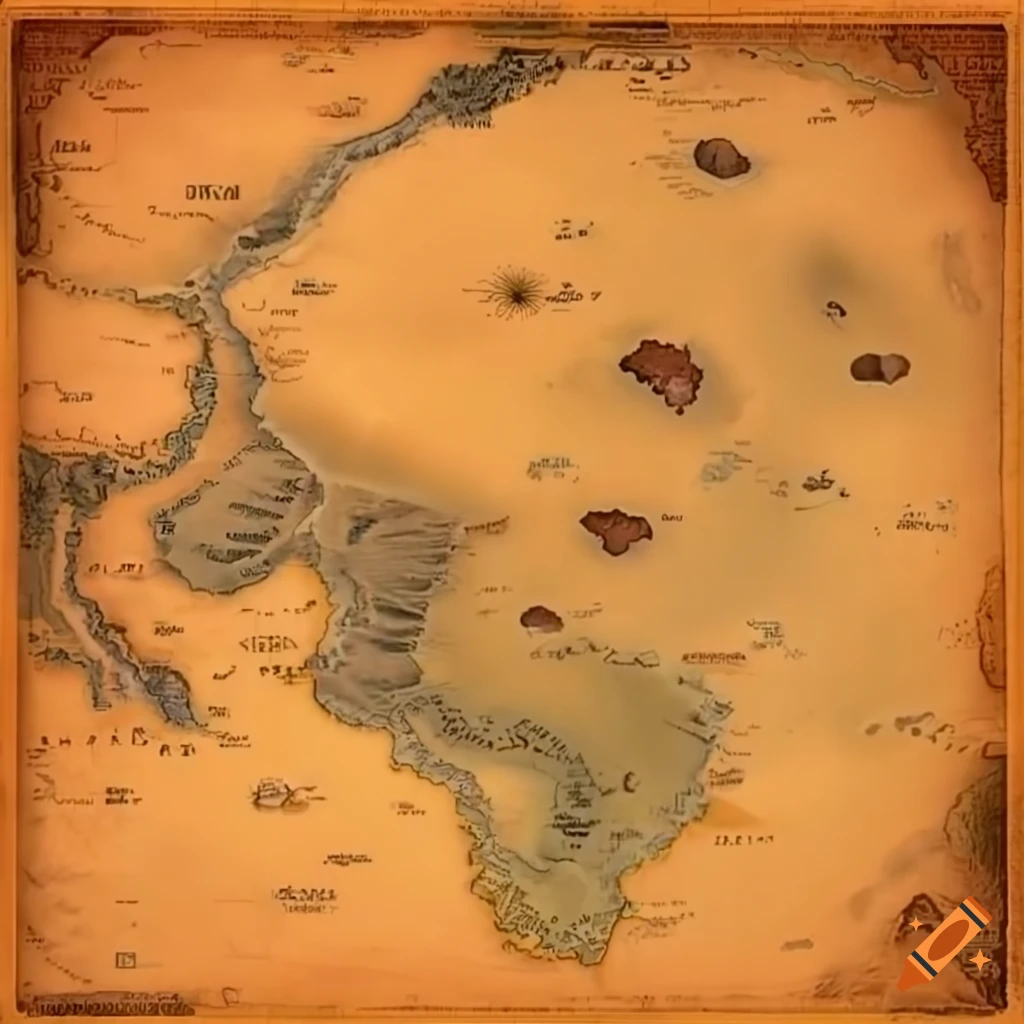 Detailed fantasy map on parchment with winding river and symbols on Craiyon