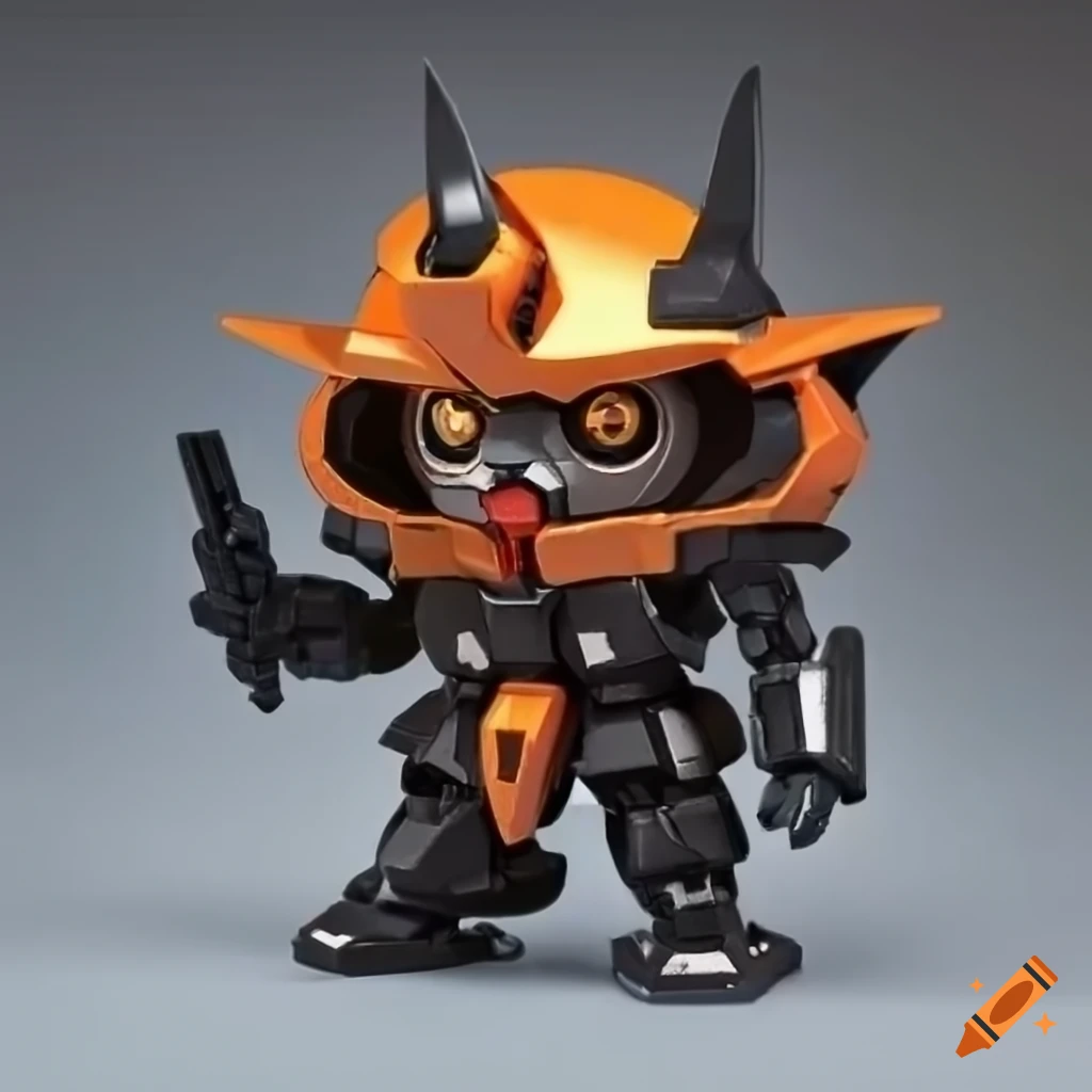 Chibi black and orange gundam robot with metallic armor on Craiyon