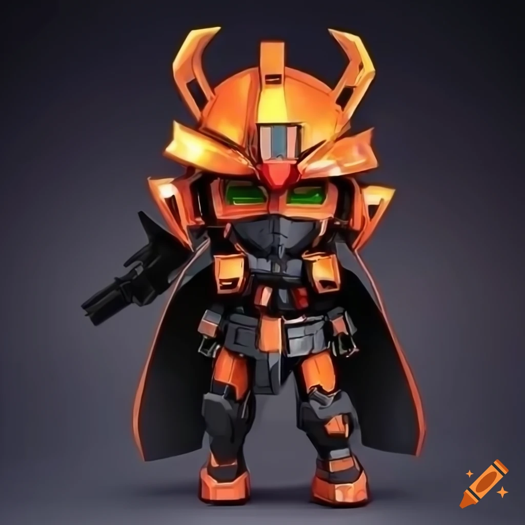 Chibi gundam robot in black and orange armor on Craiyon