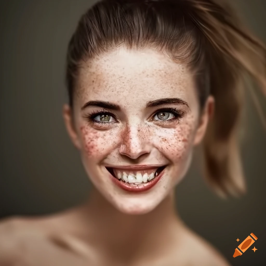 Portrait of a beautiful young woman with freckles and dark hair on Craiyon