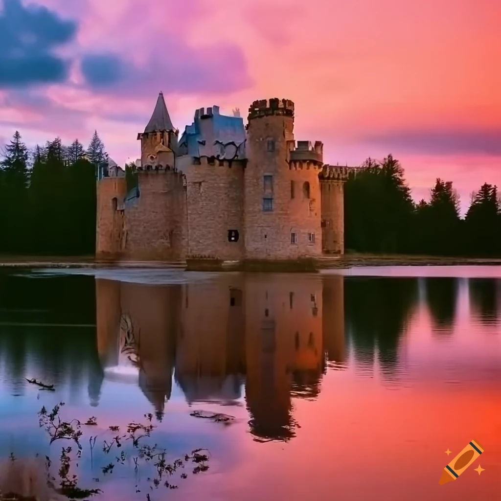 Castle surrounded by forest creatures in a peaceful setting on Craiyon